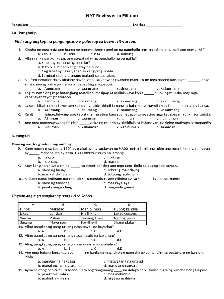 NAT Reviewer in Filipino | PDF