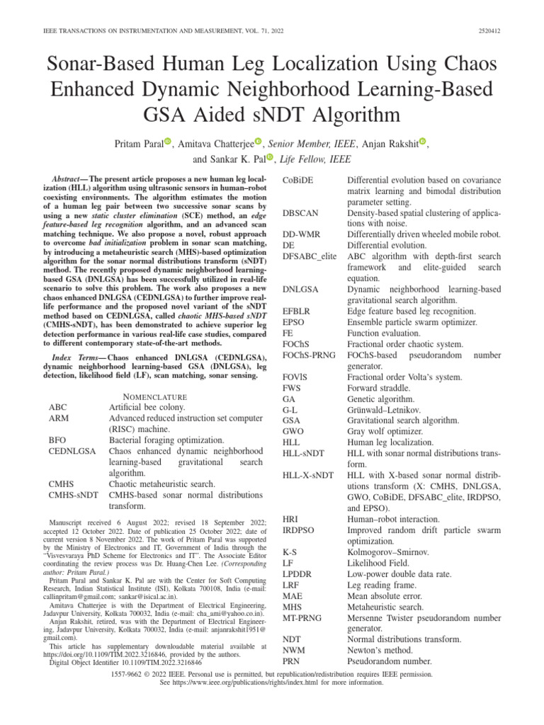 Sonar-Based Human Leg Localization Using Chaos Enhanced Dynamic Neighborhood Learning-Based GSA ...