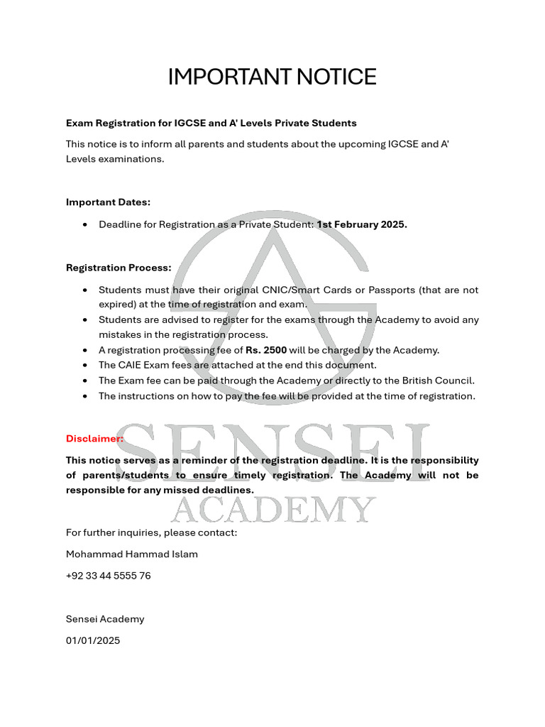 CAIE Exams Registration Notice | PDF