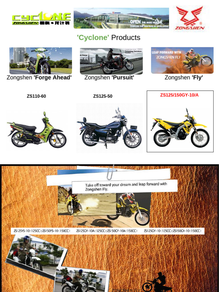 Zongshen Cyclone Motorcycle Models Overview | PDF | Motorcycle | Brake