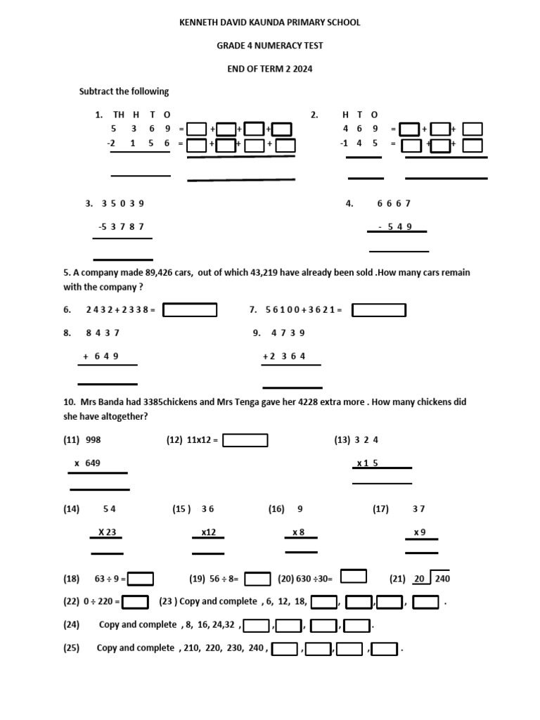 GRADE 4 NUMERACY TEST | PDF