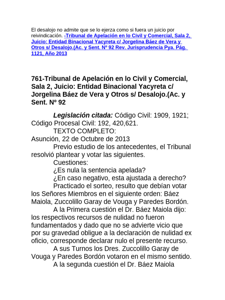 26 - El Desalojo No Admite Que Se Lo Ejerza Como Si Fuera Un Juicio Por ...