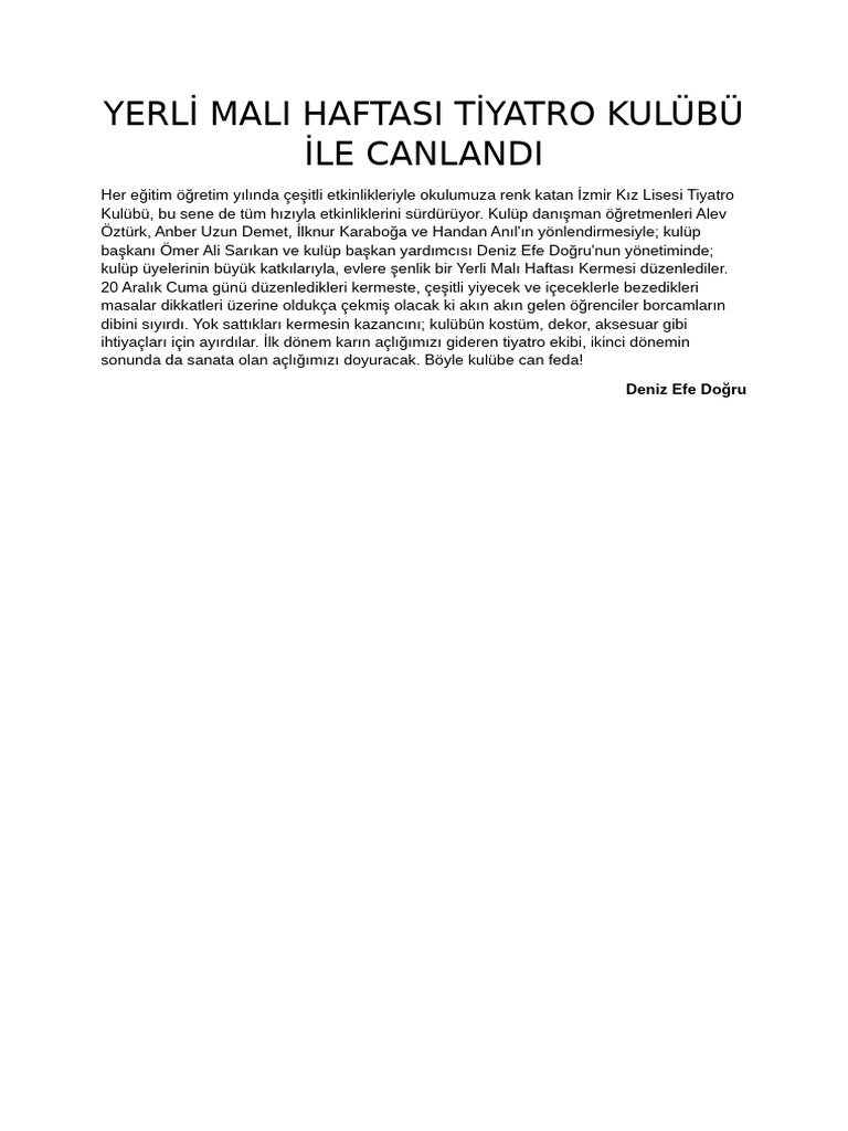 Yerli Mali Haftasi Tiyatro Kulübü İle Canlandi: Deniz Efe Doğru | PDF