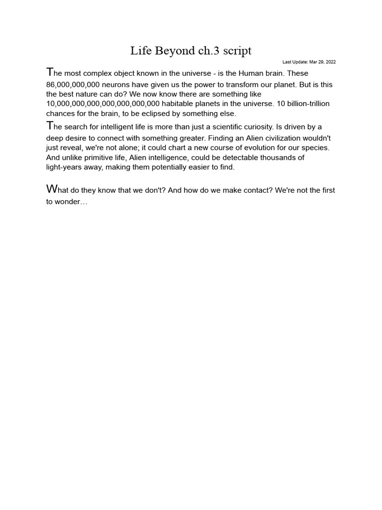 Life Beyond ch3 Script Google Docs | PDF | Extraterrestrial Life | Stars