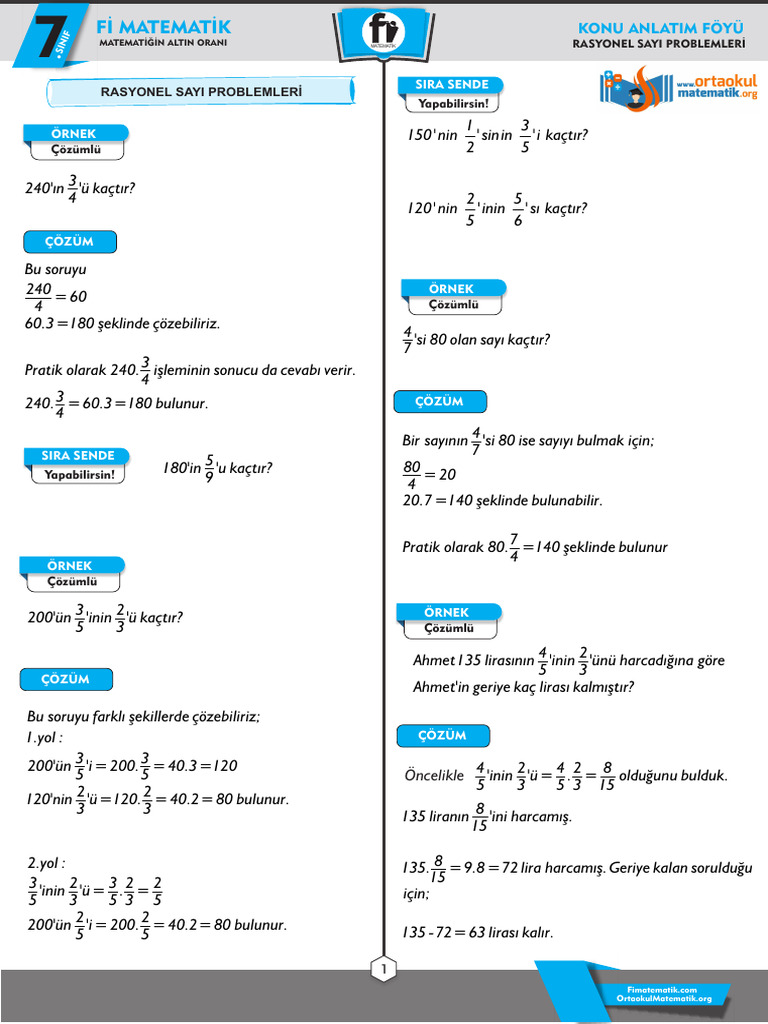 7.Sınıf Matematik Rasyonel Sayı Problemleri | PDF