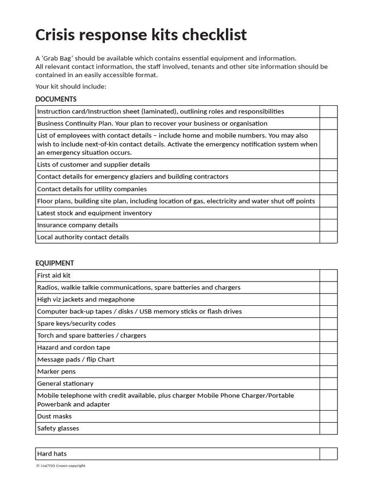 Crisis Response Kits Checklist | PDF
