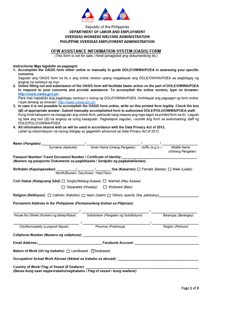 DOLE OASIS Form | PDF