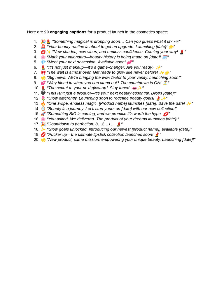 20 Captions for Cosmetic Product Launch | PDF