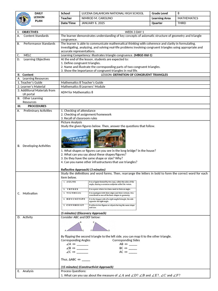 DLP_Q3_MELC37_W3_D1ILLUSTRATE TRIANGLE CONGRUENCE | PDF | Triangle | Cognition