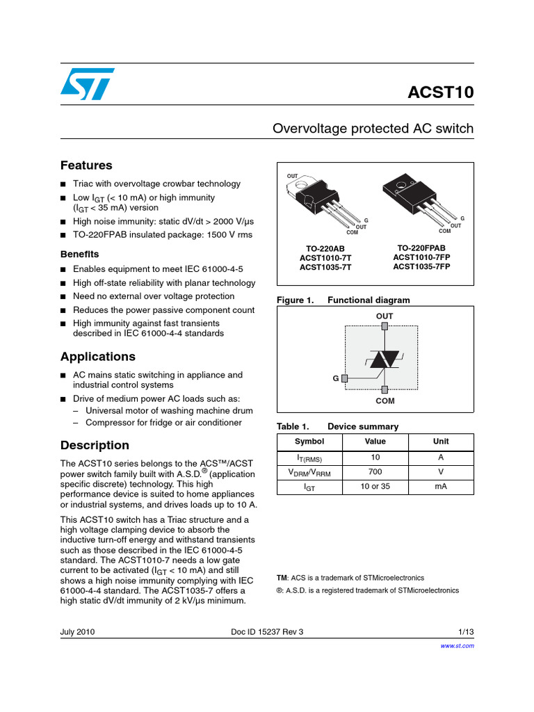 STMicroelectronics-ACST1035-7FP-datasheet | PDF | Alternating Current | Electrical Equipment