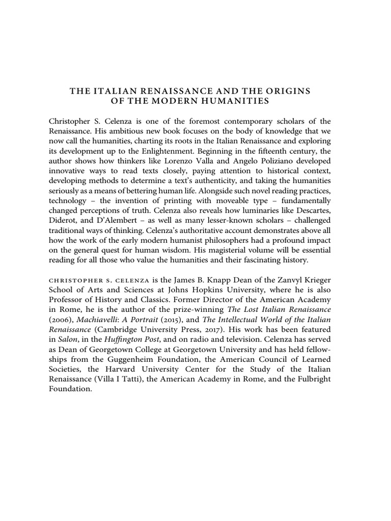 The Italian Renaissance and the Origins of the Modern Humanities an ...