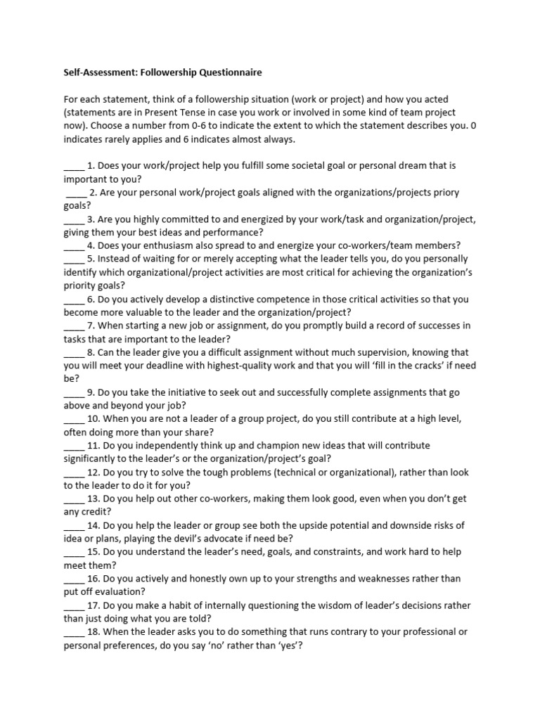 Self-Assessment Followership Questionnaire Kelley's Typology | PDF ...