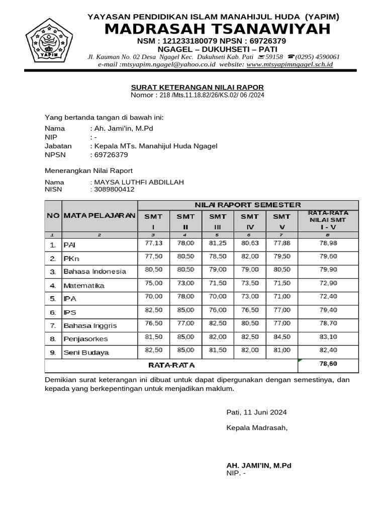 Surat Keterangan Nilai Raport MTs Manahijul Huda | PDF