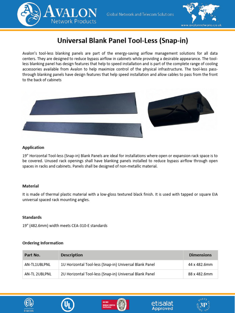 RACK FILLERS Universal-Blank-Panel-Tool-Less-(Snap-in) | PDF