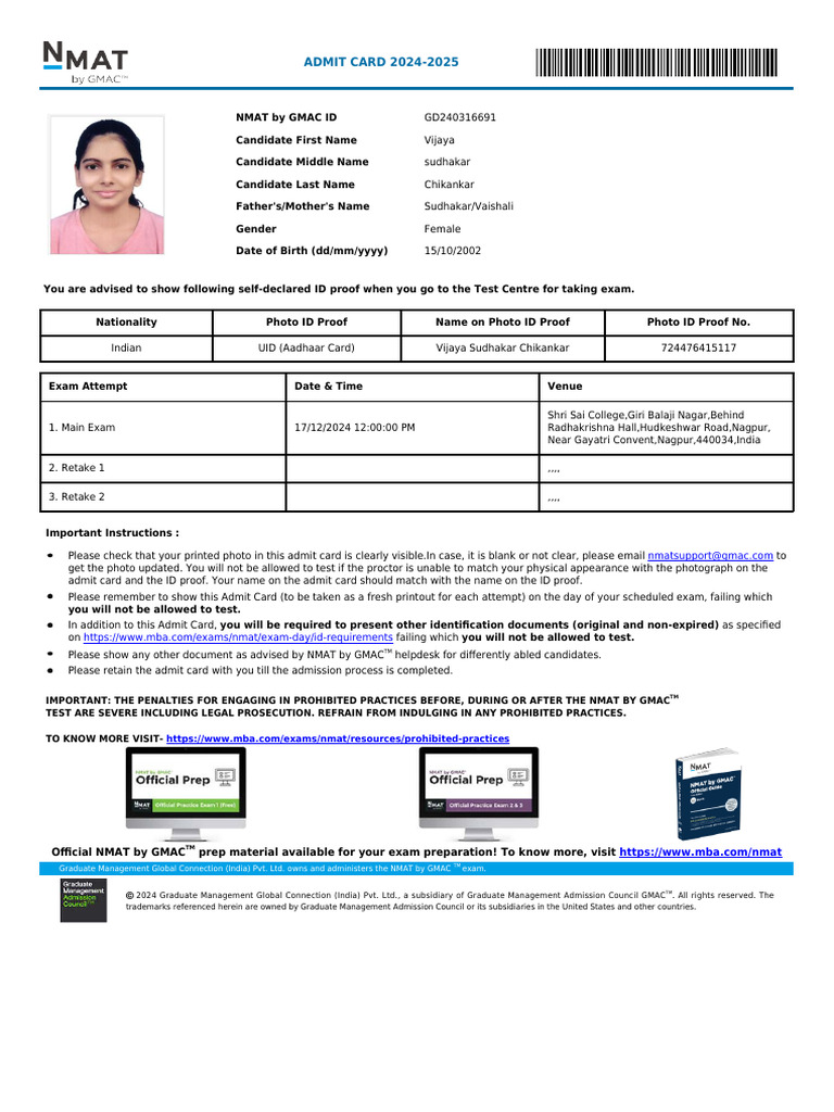 nmat admit card | PDF | Access Control | Authentication