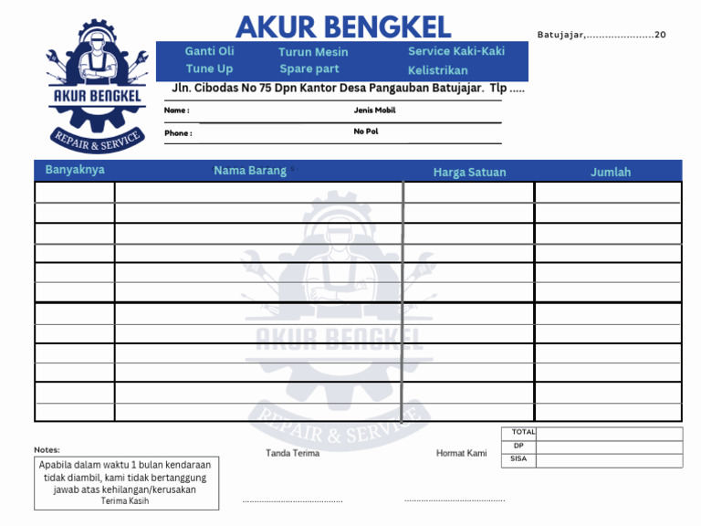 Nota Pembayaran Bengkel Mobil | PDF