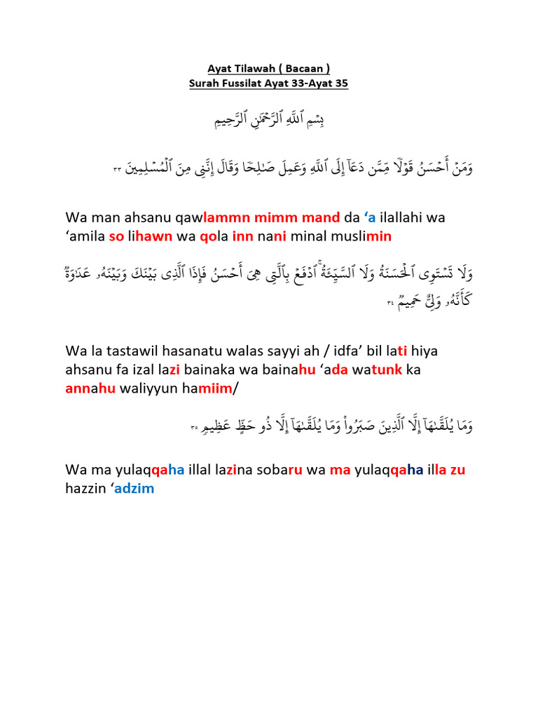 Ayat Bacaan - Ayat 33-35 Surah Fussilat | PDF