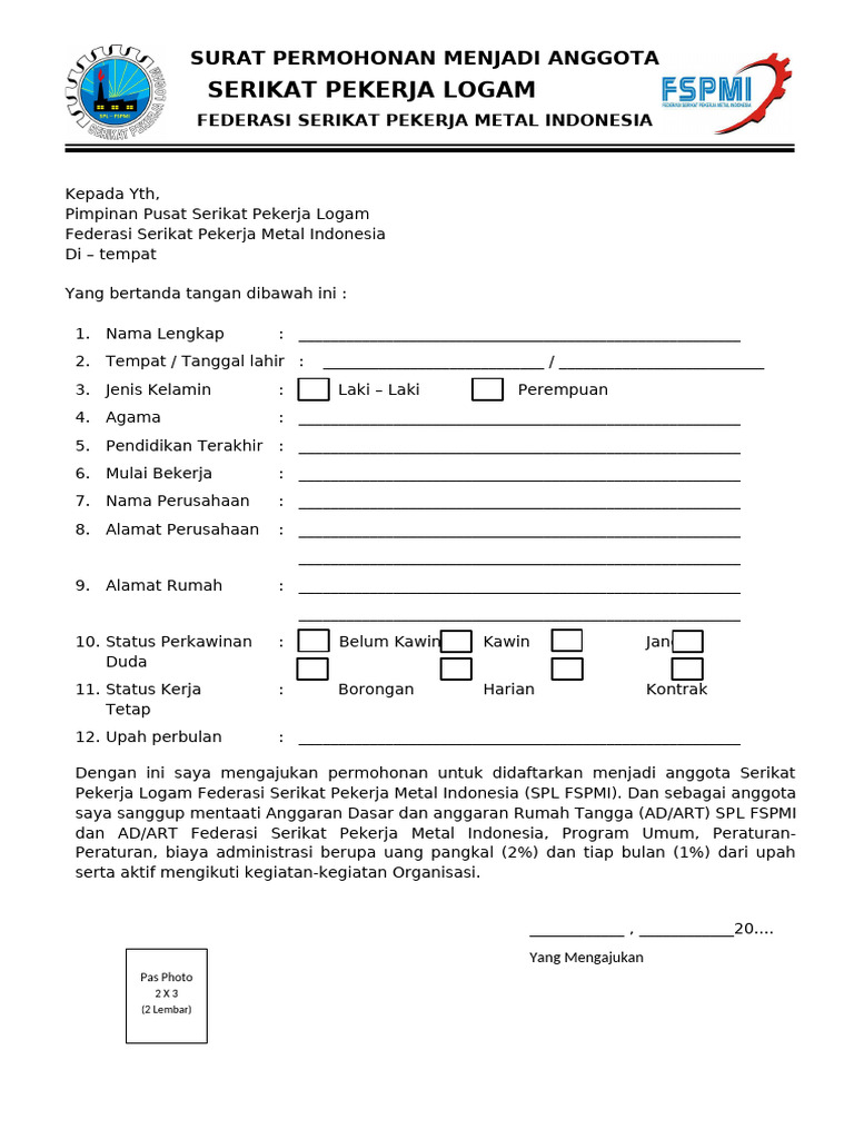 Permohonan Anggota SPL FSPMI | PDF