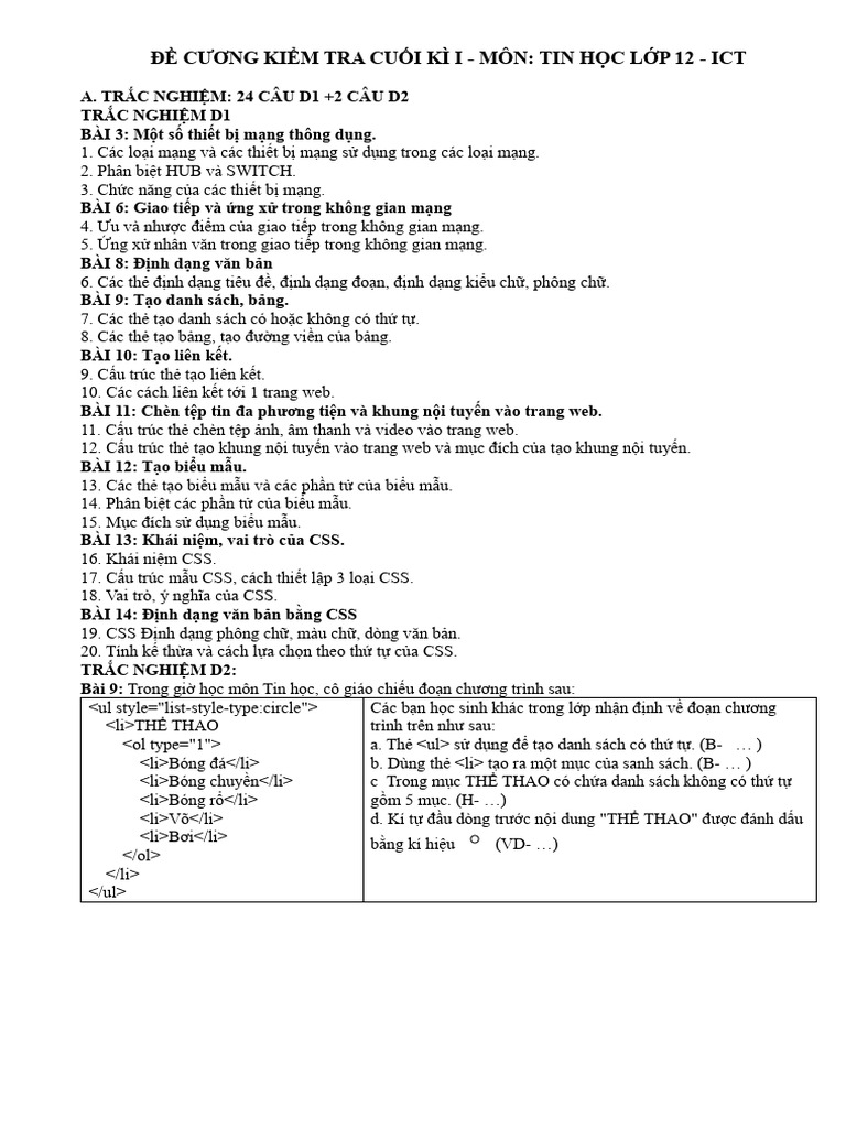 Đề Cương Cuối Kì i Khối 12 Gk1 2024 2025 Hs | PDF