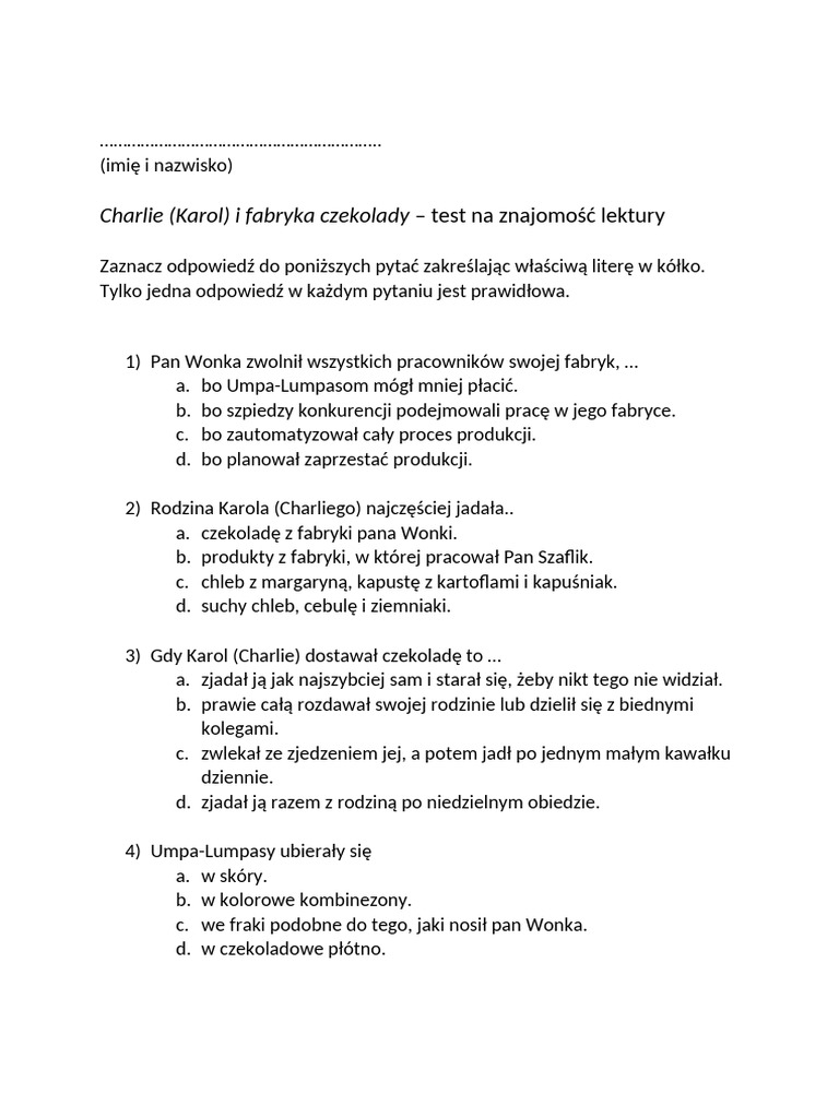 Charlie I Fabryka Czekolady - Test | PDF