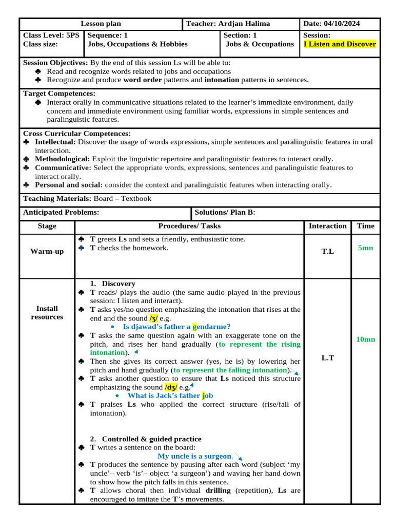 I Listen and Discover Lesson Plan - IngliziSaghir | PDF | Question ...