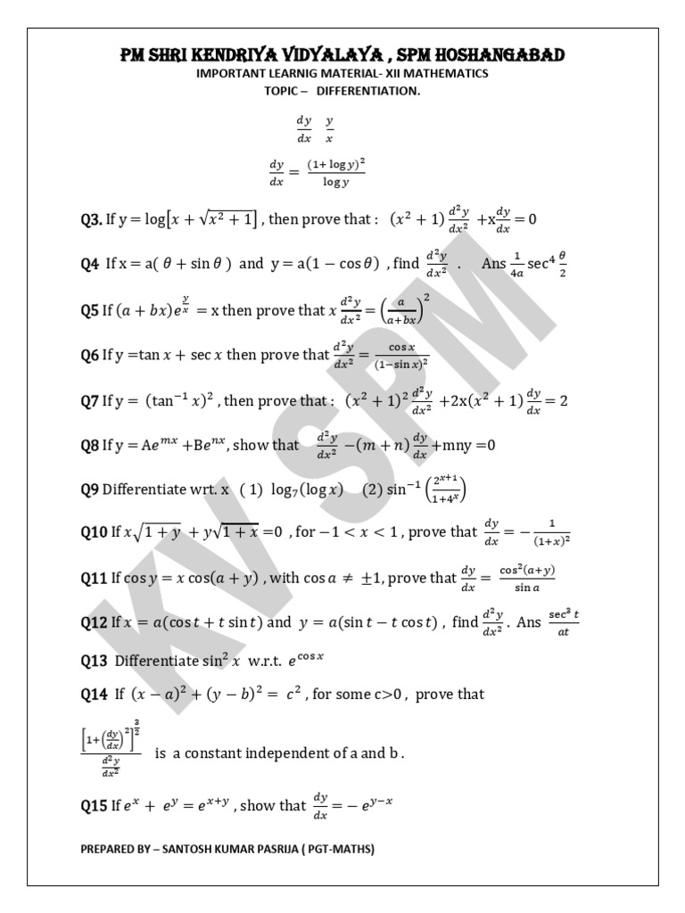 Xii Differentiation Pdf