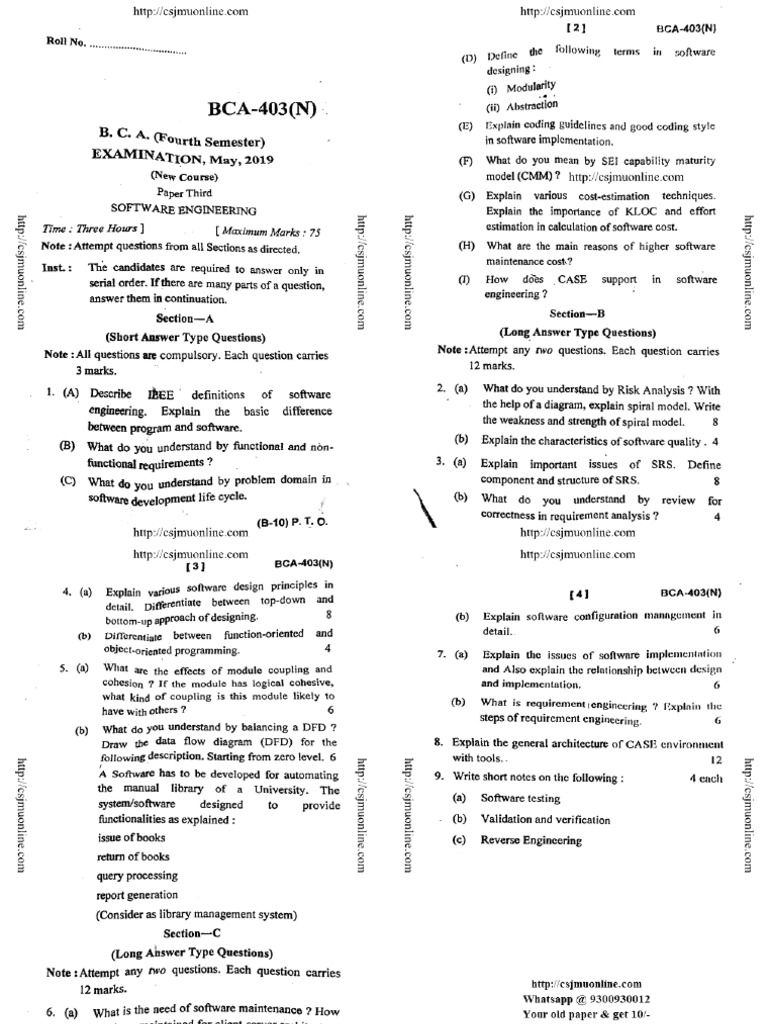 Bca 4 Sem Software Engineering Bca 403n May 2019 | PDF