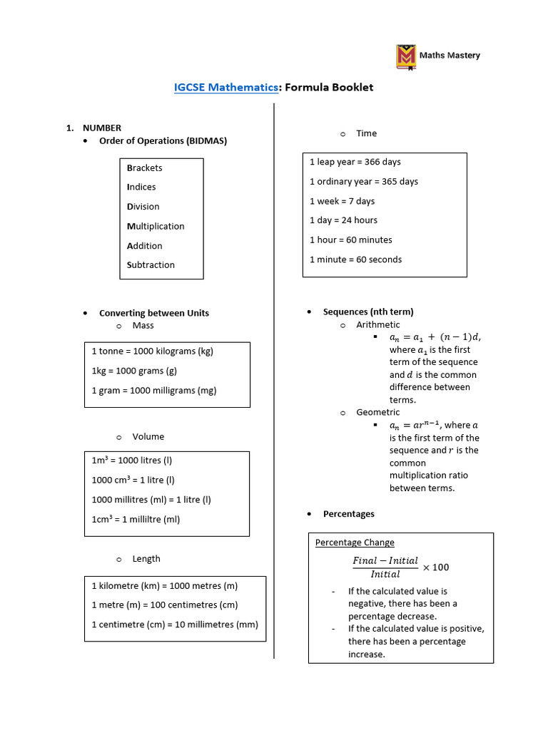 Maths Mastery - FULL IGCSE Mathematics Formula Booklet | PDF | Area ...