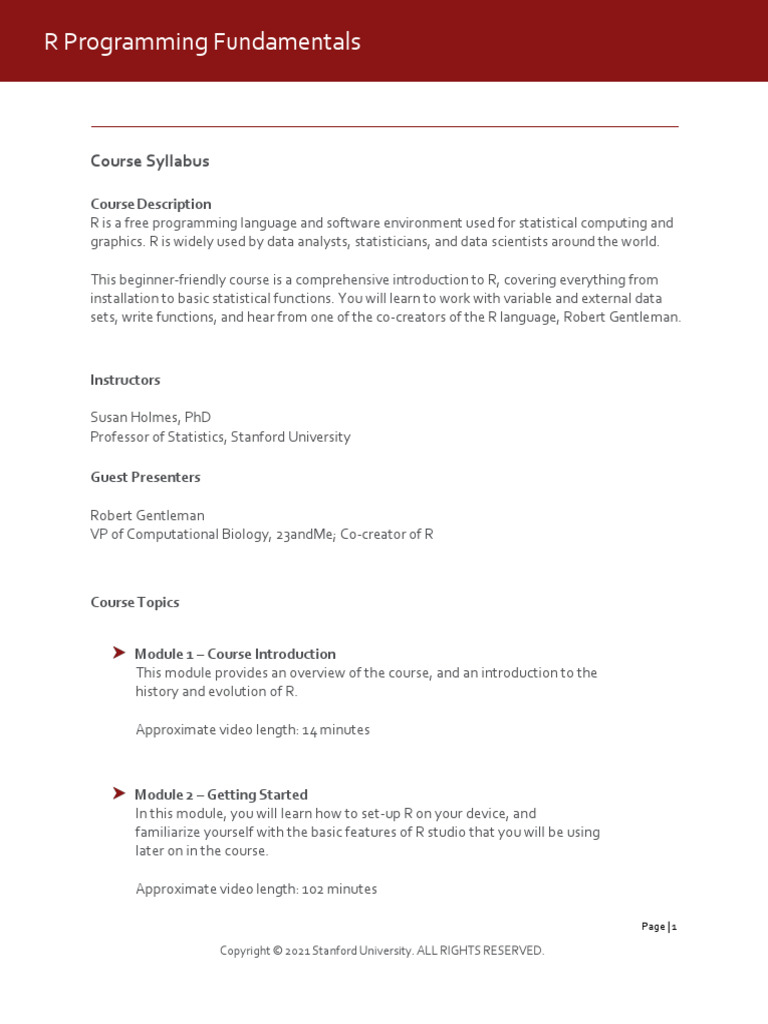 Syllabus R Programming Fundamentals | PDF | Statistics | R (Programming Language)