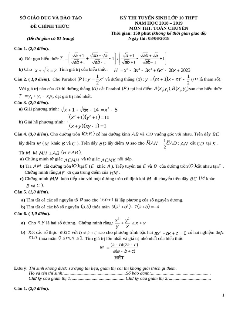 1 de Va Da Ts10 (Chuyen) Binh Phuoc 2018 2019 | PDF