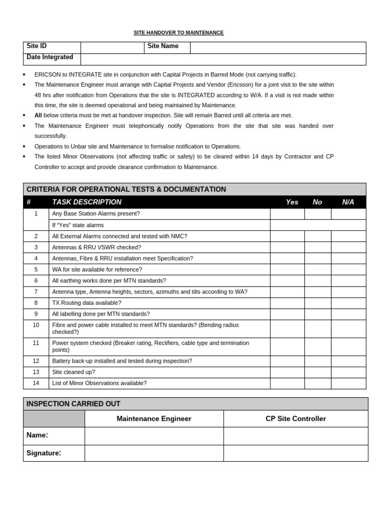Site Handover & Maintenance Checklist | PDF