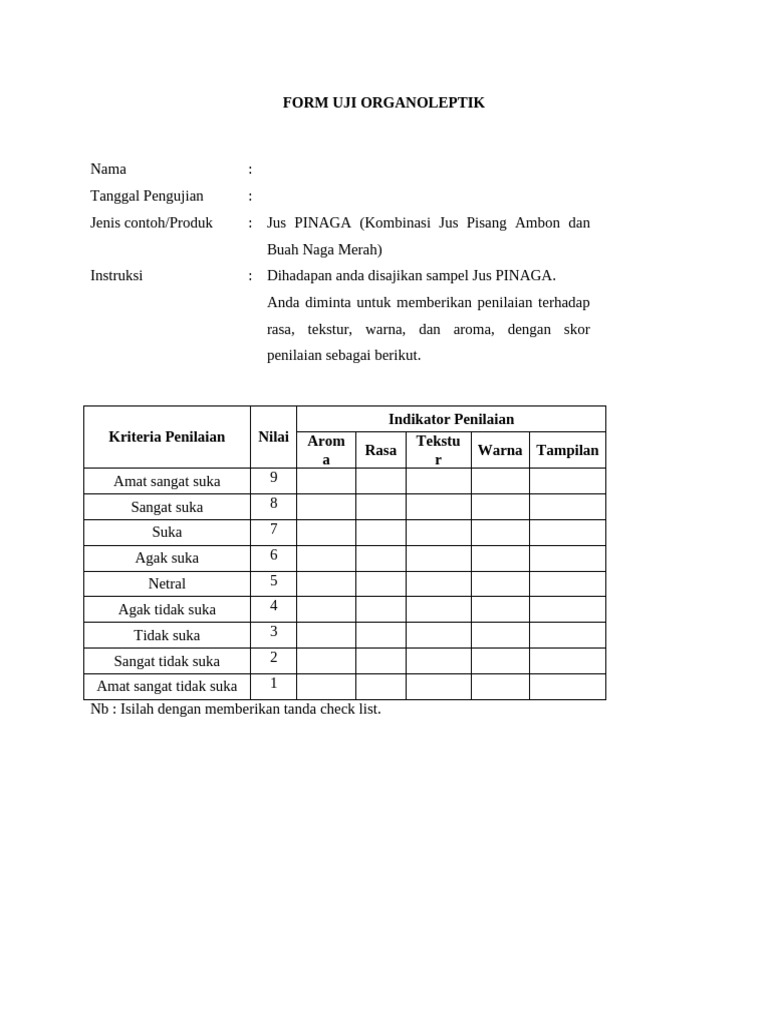 Form Uji Organoleptik | PDF
