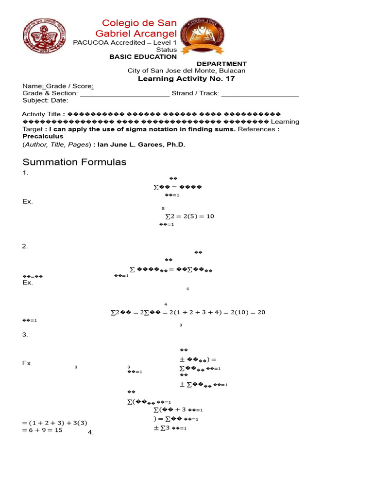 LAS#17 Apply The Use of Sigma Notation in Finding Sums | PDF ...