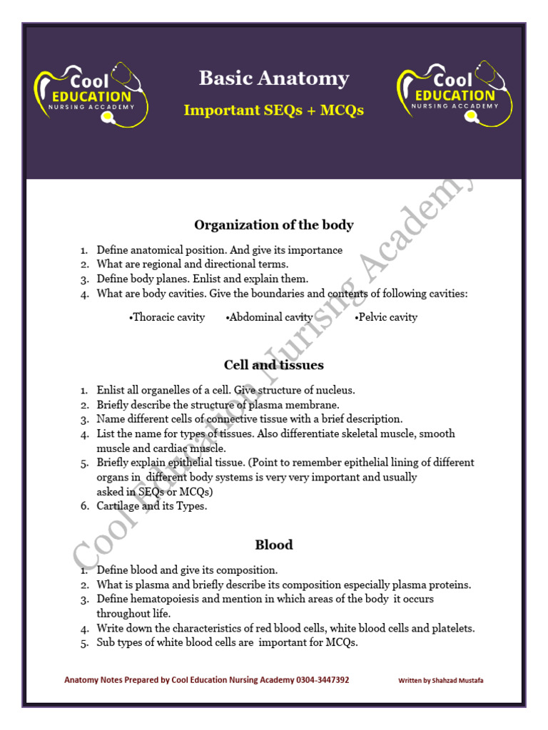 Anatomy Full Book Important SEQs + MCQs | PDF | Human Body | Anatomy