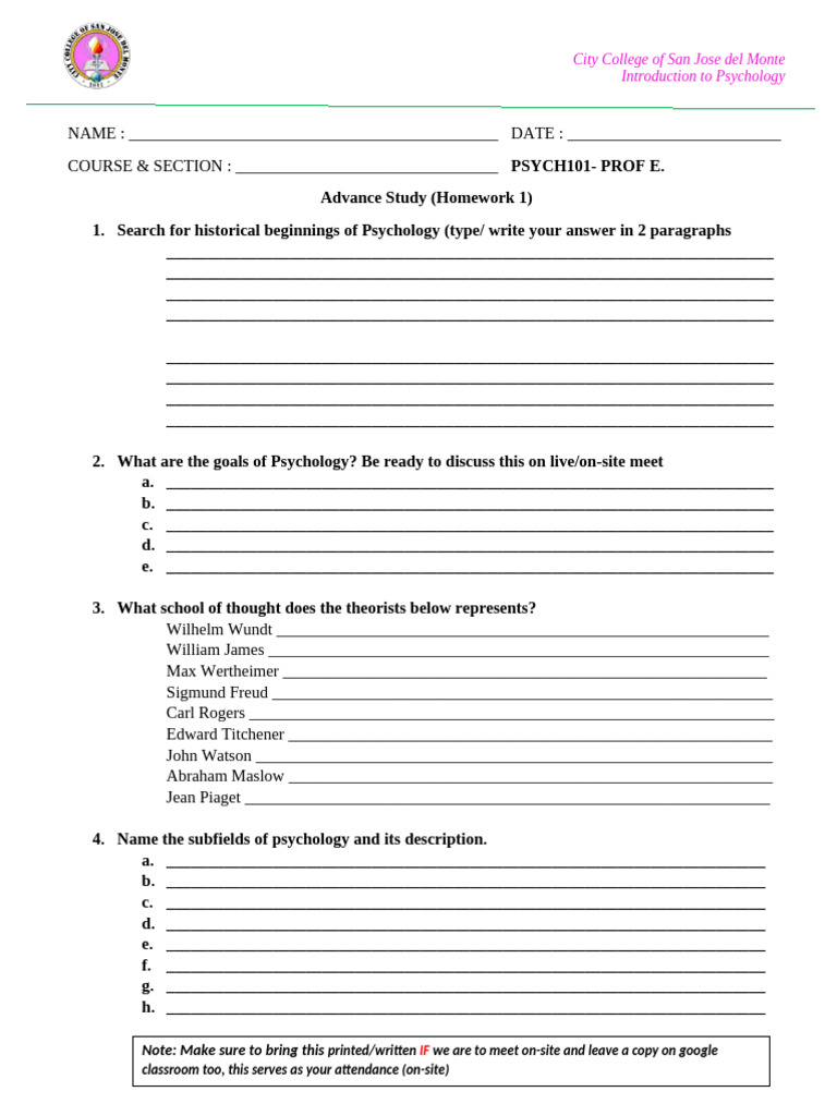 Intro to Psychology Homework Guide | PDF | Psychology | Psychological ...