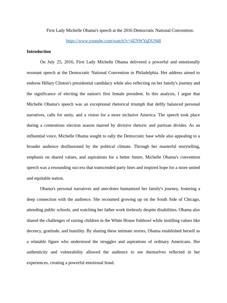 First Lady Michelle Obama Speech 2 Analysis | PDF | Michelle Obama ...