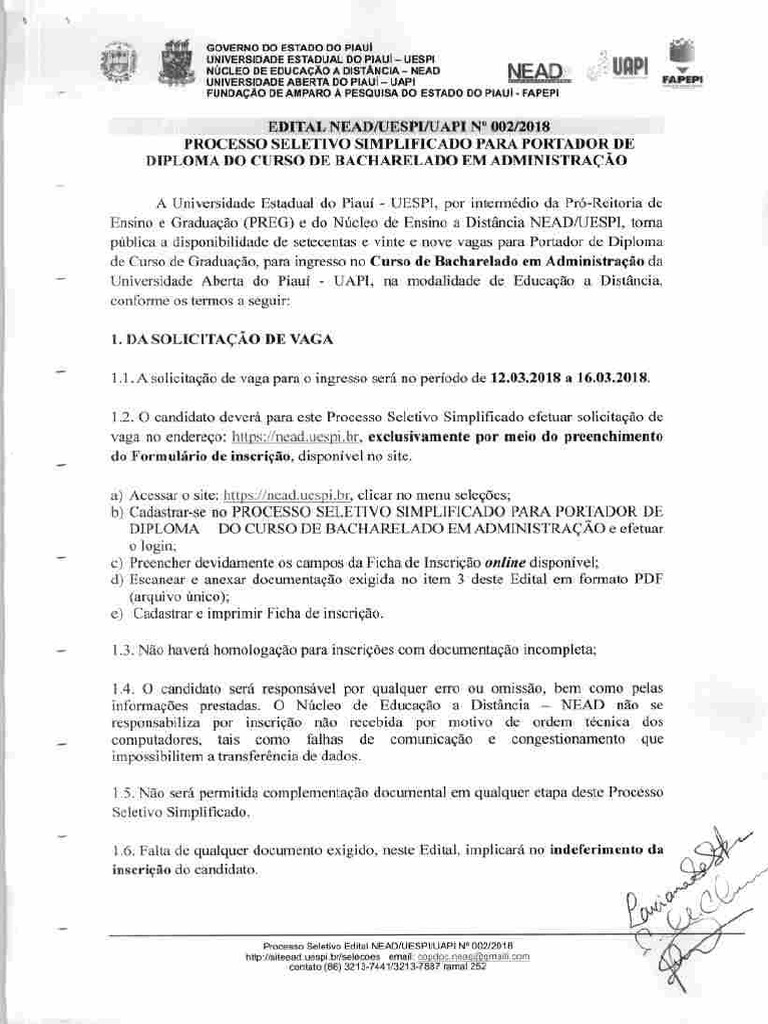 Edital Nead Uespi Uapi #002 2018 Portador de Diploma - Uapi | PDF