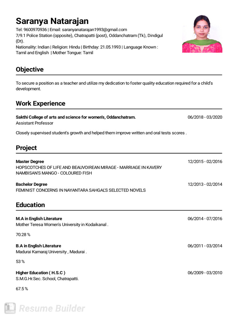 English Teacher Resume: Saranya Natarajan | PDF