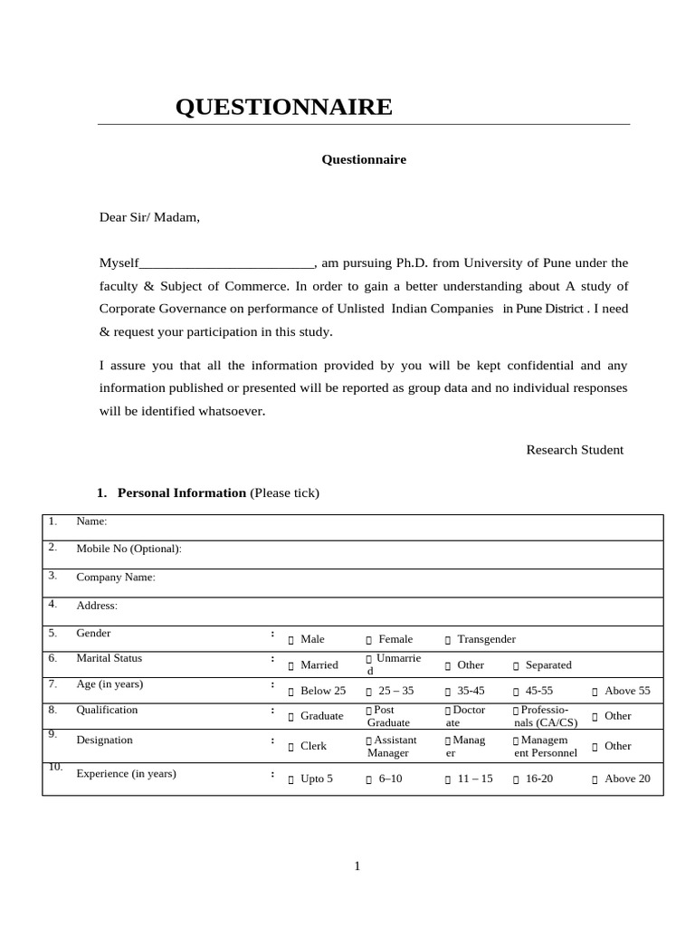 Questionnaire | PDF | Governance | Corporate Governance