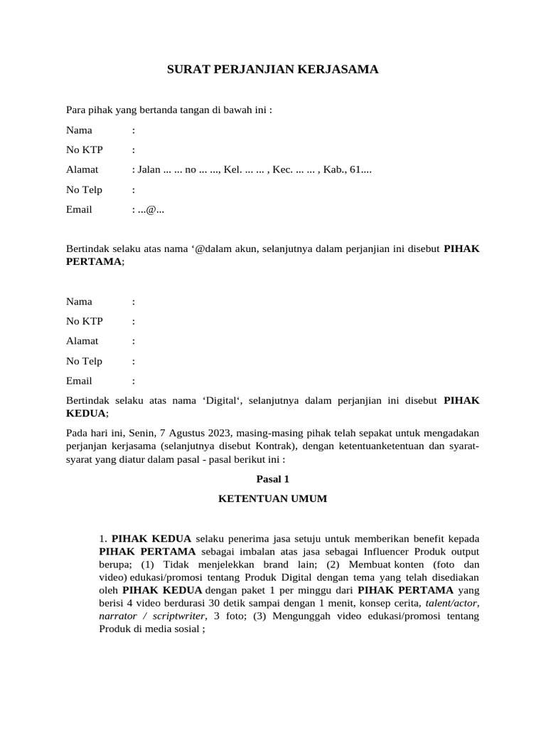 Surat Perjanjian Kerjasama | PDF