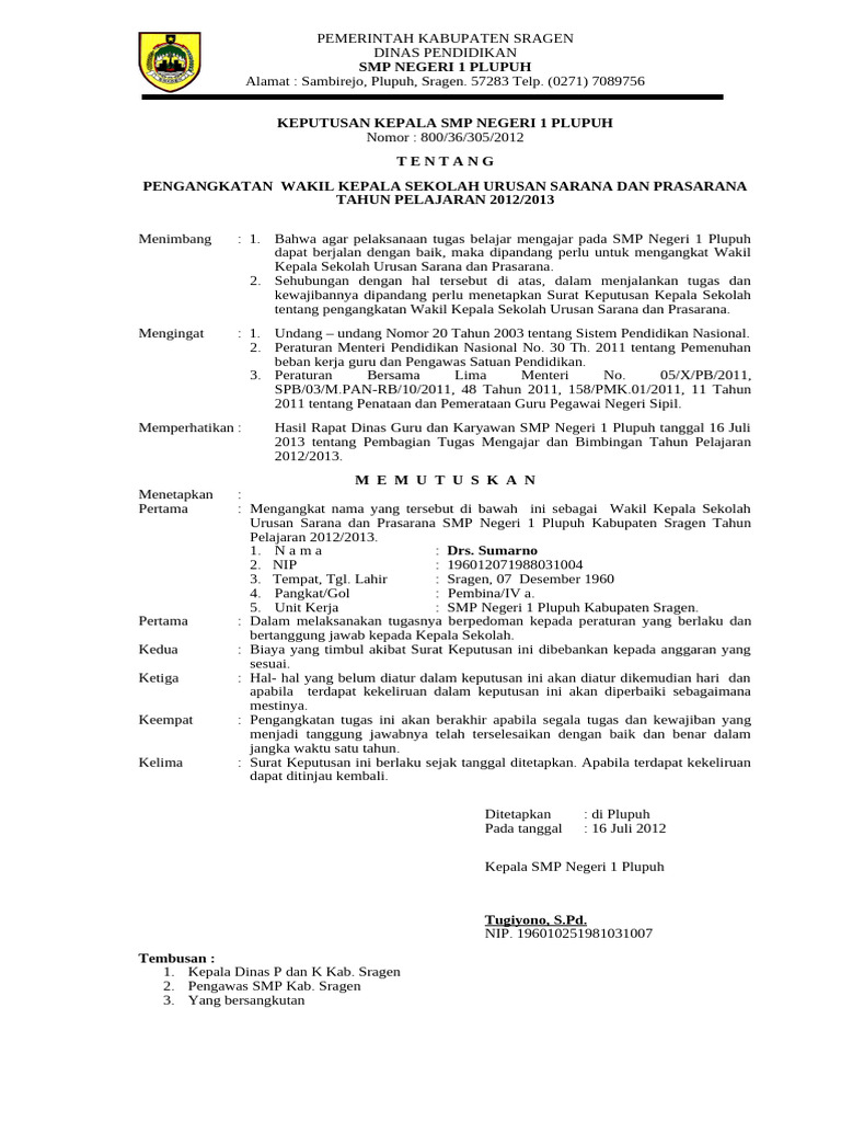 SK Pengangkatan Wakil Kepala Sarpras SMP | PDF