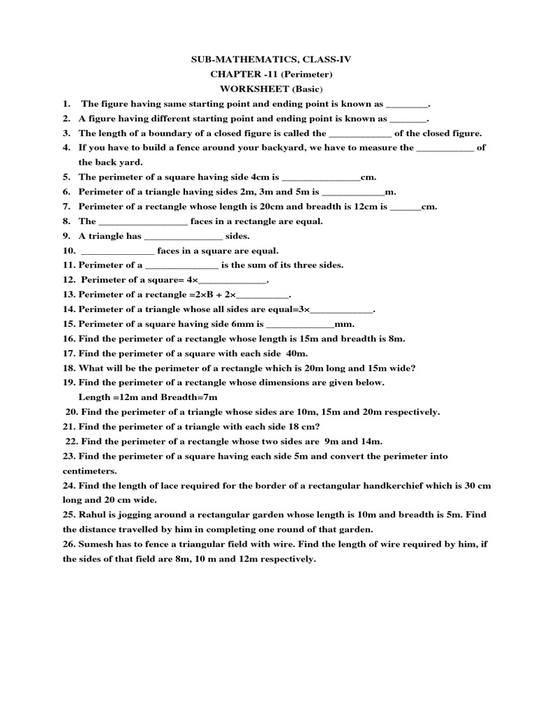 Class IV Perimeter Worksheet | PDF | Length | Rectangle