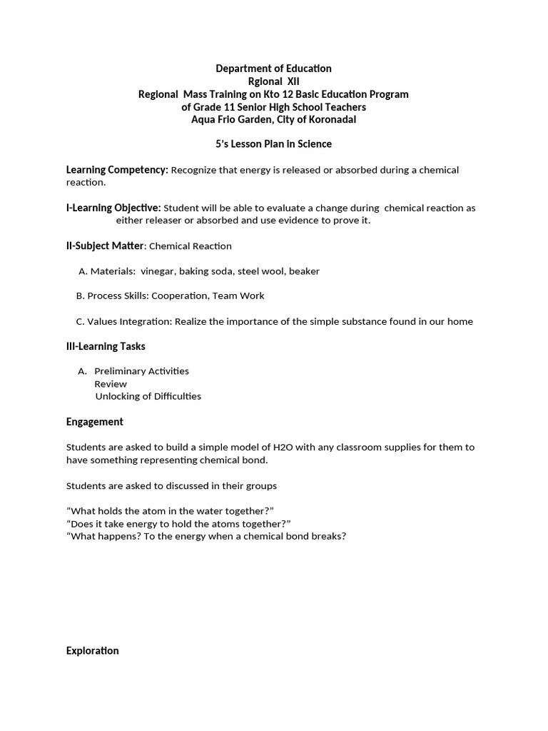 Grade 11 Science Lesson Plan: Chemical Reactions | PDF