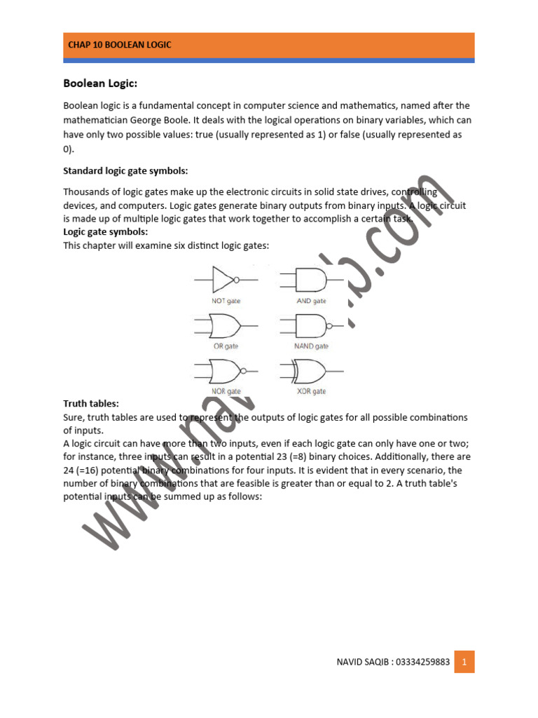 Chapter 10 Boolean Logic | PDF | Logic Gate | Boolean Algebra