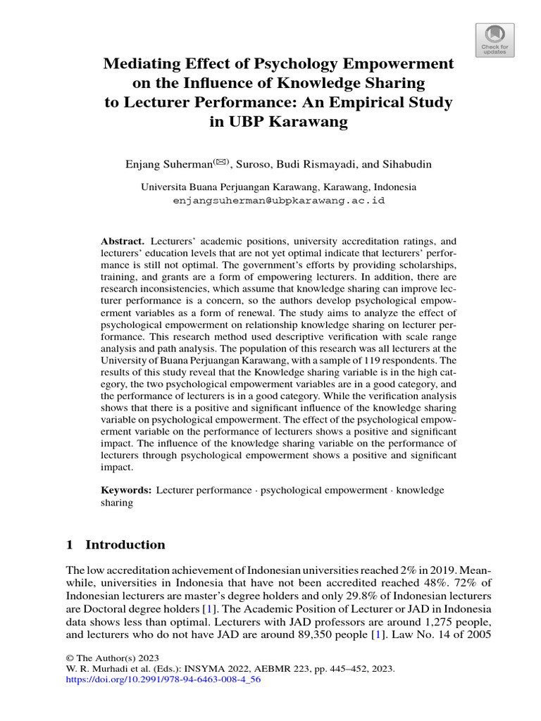 Suherman, E., & Rismayadi, B.,2022. Mediating Effect of Psychology Empowerment On The Influence ...