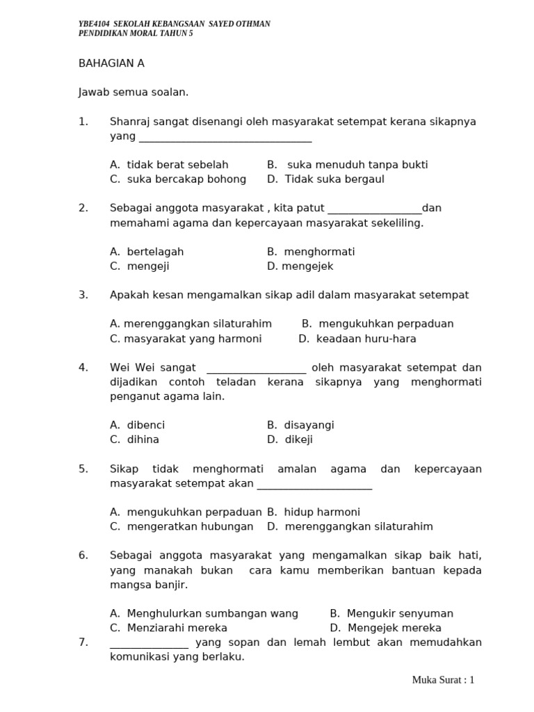 Soalan Pendidikan Moral Tahun 5 Pertengahan Tahun 241022164554 5645f8c8 | PDF