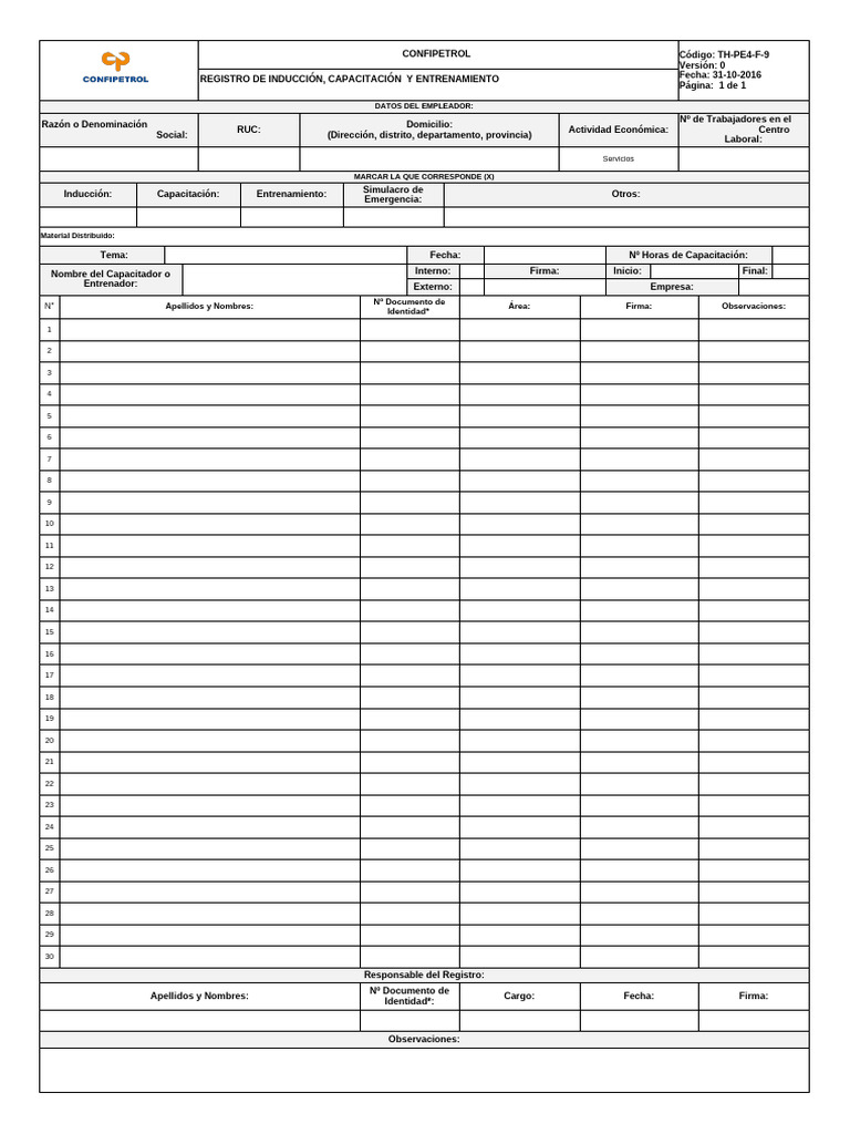 TH-PE4-F-9 Registro Induccion Capacitación Entrenamiento | PDF | Documento de identidad