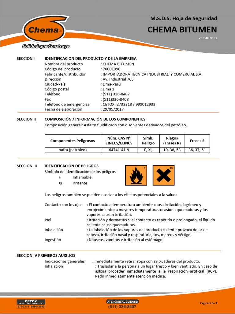 Hoja de Seguridad: Chema Bitumen | PDF | Agua | Mercancías peligrosas