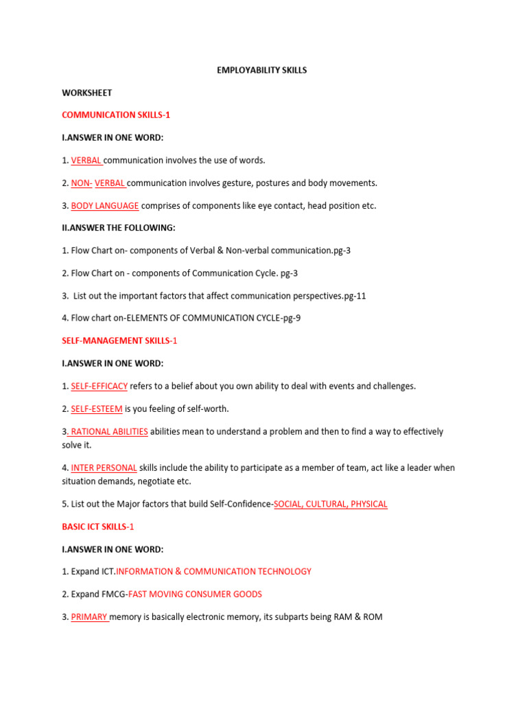 EMPLOYABILITY SKILLS-worksheet - ANSWERS-1 | PDF | Communication ...
