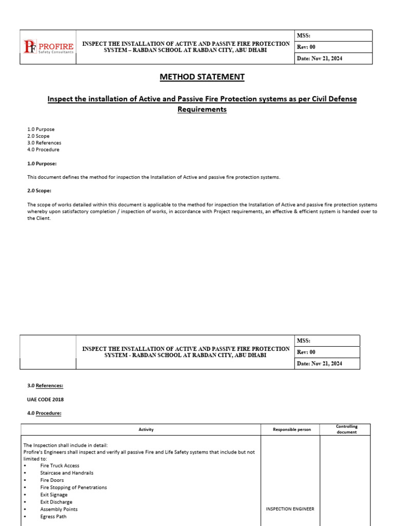 Method of Statment-Inspection Actvie and Passive System-Rabdan School | PDF | Elevator | Fires